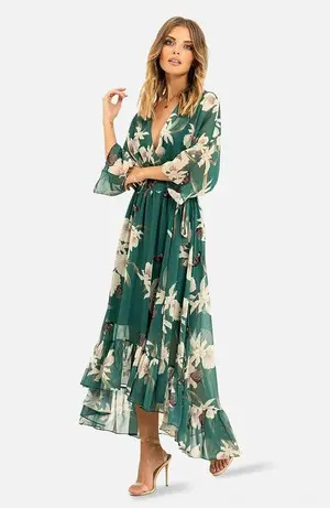 YUMI Dip Hem Sleeve Dress - Green