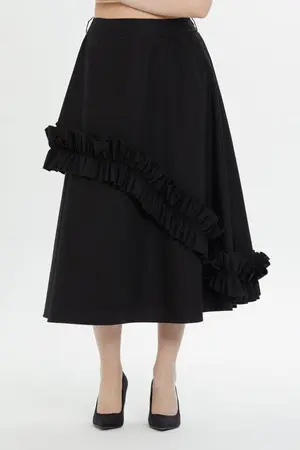 GIZIA Cotton Midi Skirt With Asymmetric Ruffle Detailing
