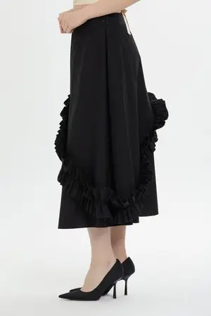 GIZIA Cotton Midi Skirt With Asymmetric Ruffle Detailing