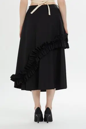 GIZIA Cotton Midi Skirt With Asymmetric Ruffle Detailing