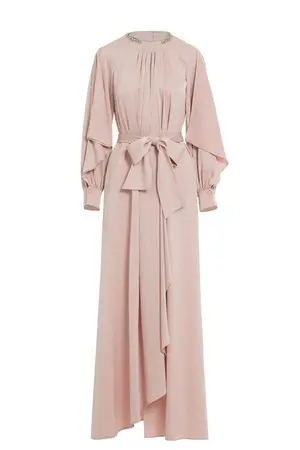 GIZIA Front Pleated Detail Slit Sleeve Long Dress - Pink