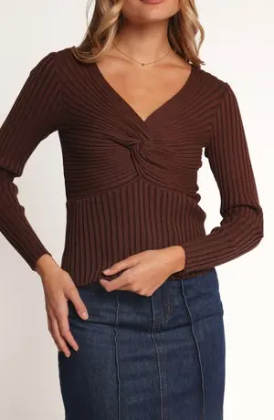 PETAL & PUP Demi Twist Ribbed Sweater - Brown