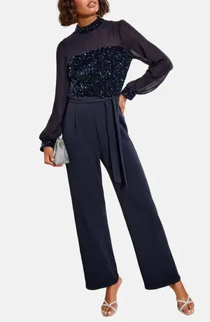 FRIENDS LIKE THESE Sequin Mixed Media Long Sleeve Jumpsuit - Navy Blue