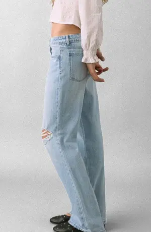 Mango Ripped Low Rise Straight Leg Jeans - Light Blue