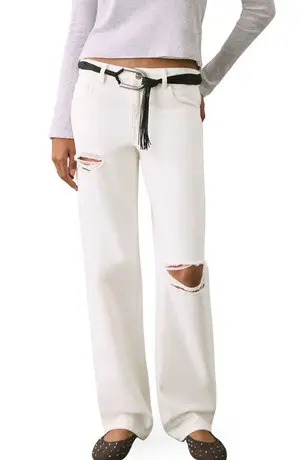 Mango Ripped Low Rise Straight Leg Jeans - Off White