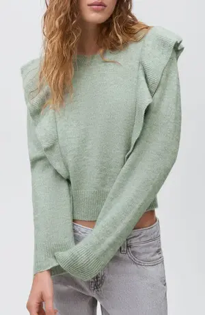 Mango Ruffle Trimmed Cropped Pullover Sweater - Green