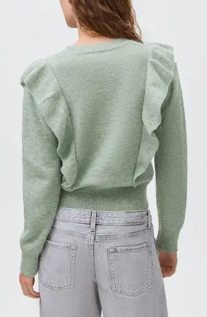 Mango Ruffle Trimmed Cropped Pullover Sweater - Green