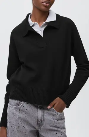 Mango Johnny Collar Long Sleeve Sweater - Black