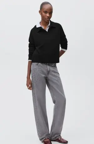 Mango Johnny Collar Long Sleeve Sweater - Black