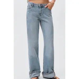 Mango Cuff Hem Wide Leg Jeans - Light Blue