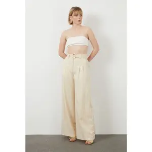 GIZIA Belted Wide-leg Striped Tailored Pants - Beige