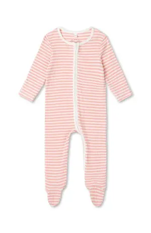 MORI Ribbed Stripe Two-way Zip-up Sleepsuit - Pink Stripe