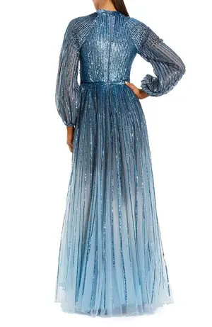 Mac Duggal Sequined Ombre Bishop Sleeve A-line Gown