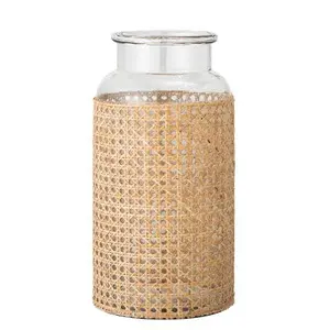 STORIED HOME Round Glass Tall Vase With Decorative Cane Sleeve - Natural