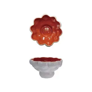 STORIED HOME Decorative Formed Stoneware Footed Bowl With Glazed Interior - Orange