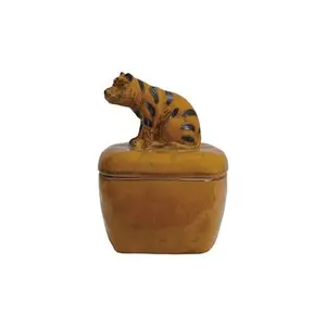 STORIED HOME Stoneware Jar With Tiger Handle And Lid With Reactive Glaze - Orange