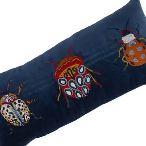 STORIED HOME Cotton Velvet Embroidered Lumbar Pillow With Beetles And Chambray Back