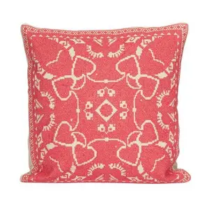STORIED HOME Cotton Pillow With Embroidered Design And Chambray Back - Pink