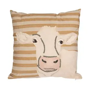 STORIED HOME Cotton Blend Printed Pillow With Cow Image And Embroidery - White