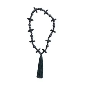 STORIED HOME Oak Wood Bead Garland With Cotton Tassel - Black