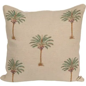 STORIED HOME Cotton Linen Blend Block Printed Pillow With Palm Trees - Natural