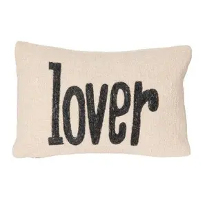 STORIED HOME Woven Cotton Embroidered Lumbar Pillow "lover - White