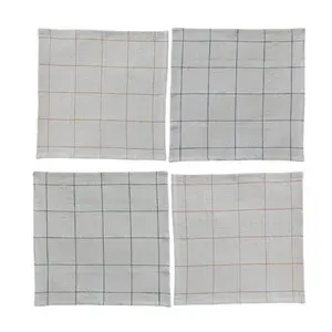 STORIED HOME 4-piece 18" Square Woven Cotton Napkins With Grid Pattern - Tan