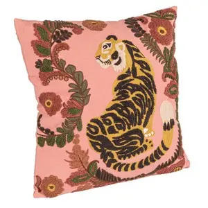 STORIED HOME Embroidered Tiger And Flowers Cotton Slub Pillow - Pink