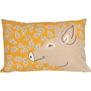STORIED HOME Cotton Blend Printed Pillow With Pig Image And Embroidery - Yellow