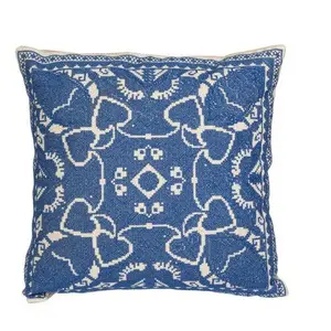 STORIED HOME Cotton Pillow With Embroidered Design And Chambray Back - Blue