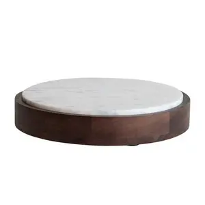 STORIED HOME Mango Wood And Marble Food Pedestal With Removable Marble Tray, Walnut Finish - White