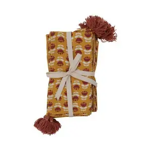 STORIED HOME Cotton Napkins With Floral Pattern And Tassels - Orange