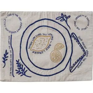 STORIED HOME Woven Cotton And Linen Embroidered Placemat With Fruit, Leaves And Saying - Blue