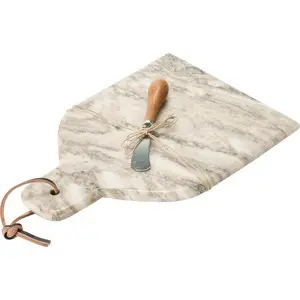 STORIED HOME Marble Cheese And Cutting Board With Handle, Leather Tie And Canape Knife - Brown