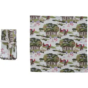 STORIED HOME 4-piece Cotton Printed Napkins With Farm, Trees And Animals - White