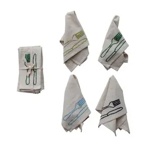 STORIED HOME 4-piece Square Cotton And Linen Embroidered Napkins With Utensils - Tan