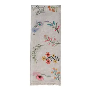 STORIED HOME Long Slub Printed Rectangle Table Runner With Flowers, Embroidery And Fringe - White