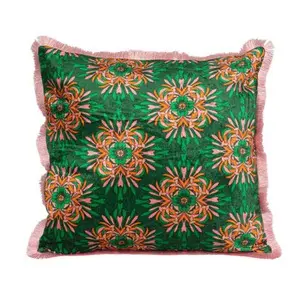 STORIED HOME Cotton Blend Velvet Printed Pillow With Floral Pattern And Eyelash Fringe - Green