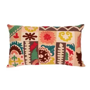 STORIED HOME Cotton Embroidered Patchwork Lumbar Pillow With Chambray Back - Orange