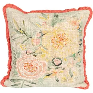 STORIED HOME Cotton Slub Pillow With Flowers, Embroidery And Eyelash Fringe - White