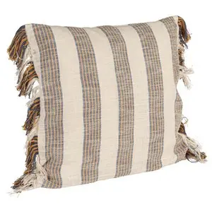 STORIED HOME Stripe Cotton Pillow With Fringe - Grey