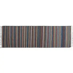STORIED HOME Woven Wool Floor Runner With Stripes And Fringe - Blue