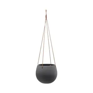 STORIED HOME Hanging Stoneware Planter With Leather Rope Hanger, Latex Finish - Grey