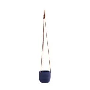 STORIED HOME Hanging Stoneware Planter With Leather Rope Hanger, Latex Finish - Blue