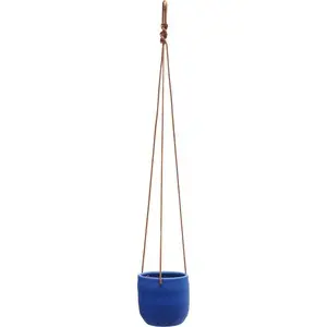 STORIED HOME Hanging Stoneware Planter With Leather Rope Hanger, Latex Finish - Blue