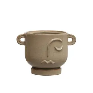 STORIED HOME Round Reactive Glaze Stoneware Face Planter And Planter Saucer Set With Handles - Cream
