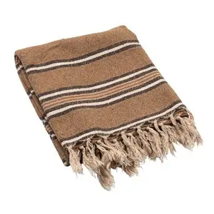 STORIED HOME Cotton Blend Throw With Stripes And Fringe, Rust Color - Natural
