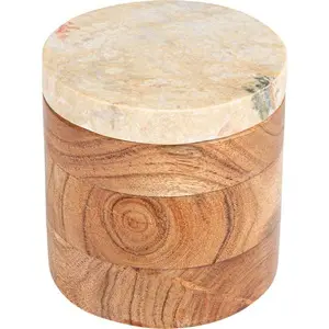 STORIED HOME Round Acacia Wood Container With Marble Lid - Natural
