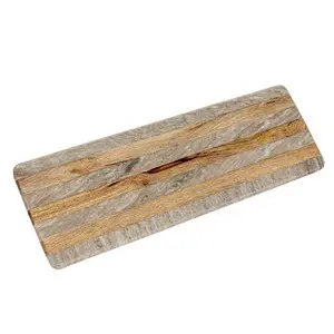 STORIED HOME Marble And Mango Wood Cheese Board With Stripes - Cream