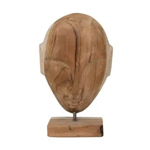 STORIED HOME Hand Carved Teakwood Face Sculpture - Natural